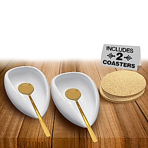 TWO PACK - Coffee Spoon Rest | White Ceramic Spoon Holder Trays For Coffee Bar Station or Kitchen Counter | Includes 2 Small Spoons and 2 Cork Coasters | Perfect Accessories for Coffee Lovers