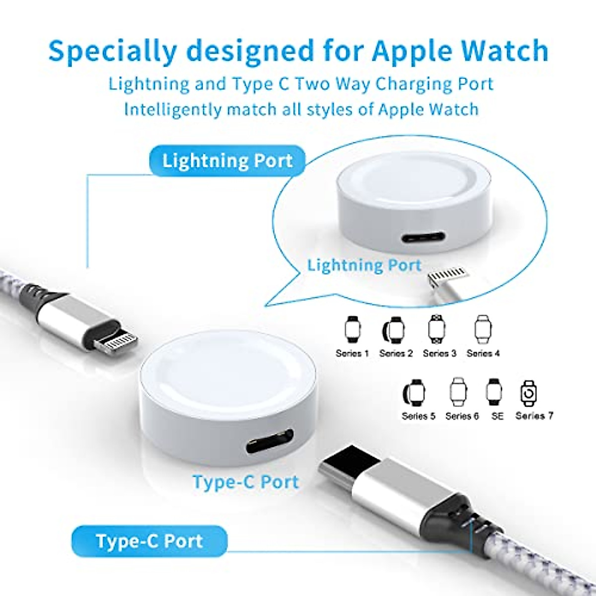MTAKYI 5 in 1 Watch Charger Cable for iWatch 1.8M/6Ft Multi USB Universal Smart Watch Charging Cable Magnetic with Lightning+Micro USB+Type C for Aple Watch Series1-7/iPhone 13-6/Airpods/Android