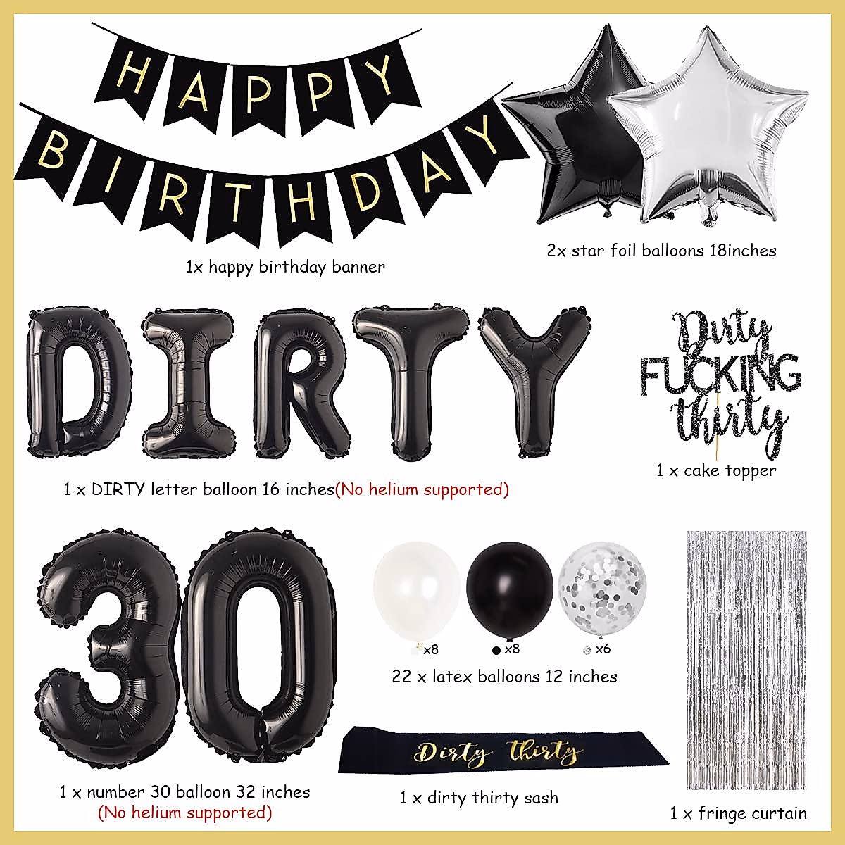 Fangleland 30th Birthday Party Decorations Silver and Black, Dirty Thirty Banner Balloon Dirty 30 Sash Cake Topper for for Her Him 30 Years Old Birthday Party Supplies