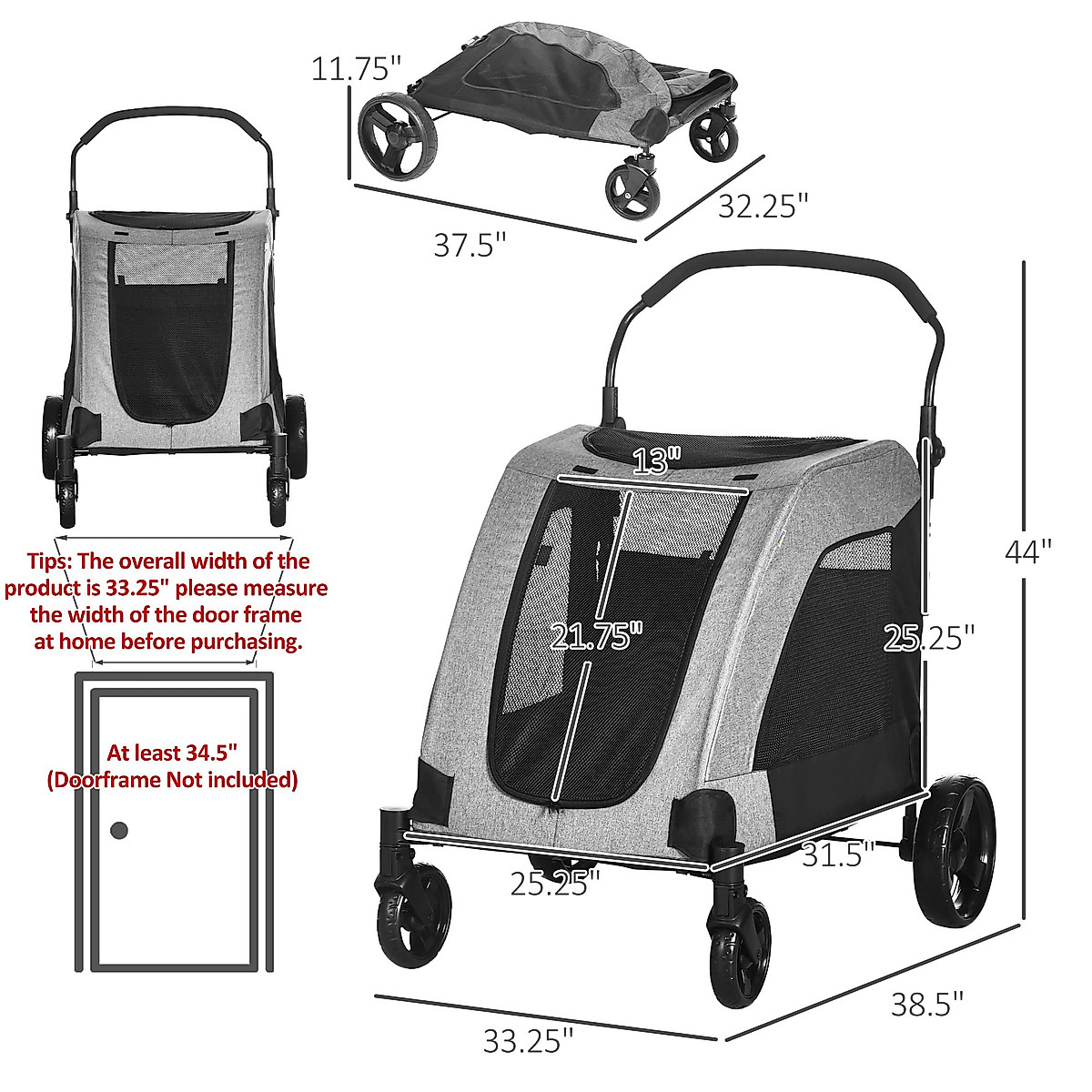 PawHut Pet Stroller Universal Wheel with Storage Basket Ventilated Oxford Fabric for Medium Size Dogs, Gray