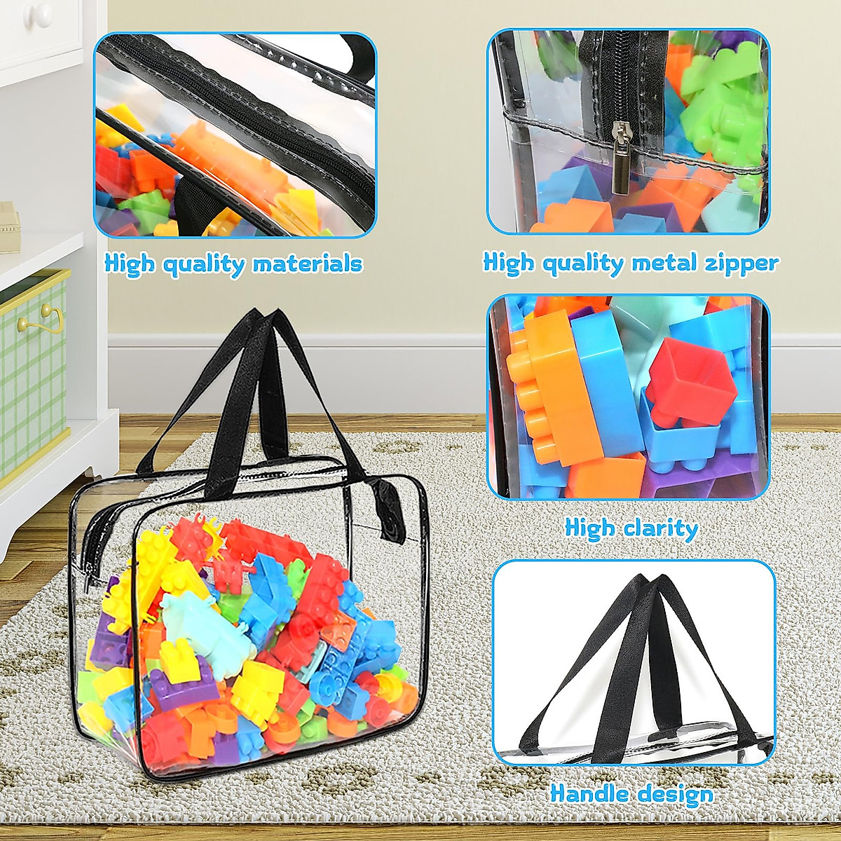 9 Packs Clear PVC Toy Storage Bags Include 6 Pcs Large and 3 Pcs Medium Toy Organizer Bags with Labels, Portable Handheld Zipper Bags for Organizing Board Game, Building Blocks, Puzzle, Kids Books
