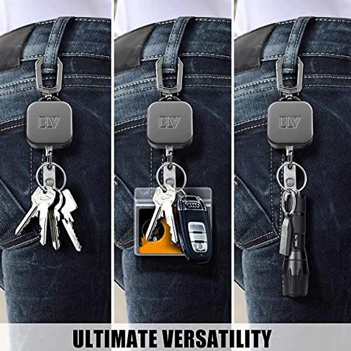 ELV Retractable ID Badge Holder, Heavy Duty Metal Body and Upgraded Dyneema Cord, Carabiner Key Chain Metal Keychain with Belt Clip and 31 inch Wire Extension, Hold Up to 15 Keys and Tools