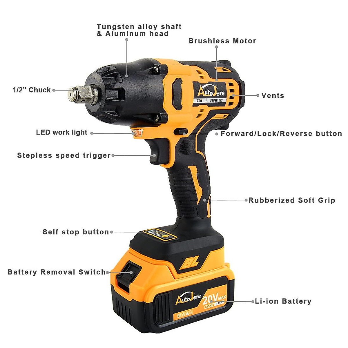 AUTOJARE Cordless Impact Wrench 1/2 inch 479 Ft-Lbs(650 N.m) Brushless Power Impact Wrenches 3 In 1 Electric Impact Wrench With 2 x 4.0A Battery, 6 Sockets, 5 Drill, 3 Screw, Fast Charger