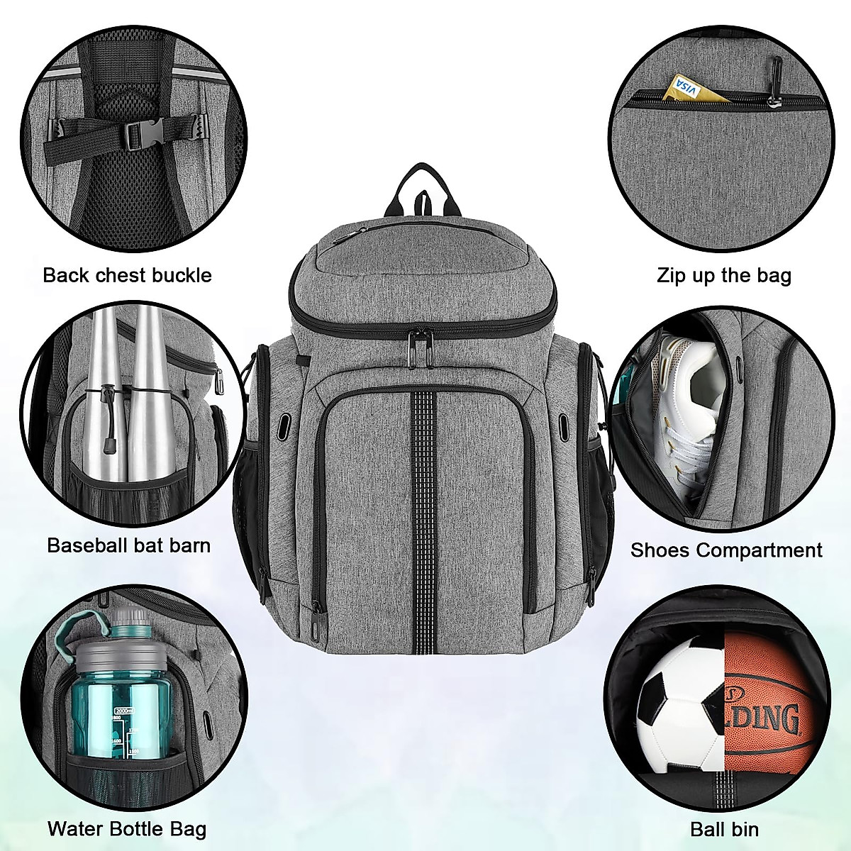 GRANDUP | Basketball Backpack, Large Sports Bag, With independent Ball Rack and Shoe Compartment, Can Store Thermos Bottles and Towels, Very Suitable for Basketball, Football and Gym