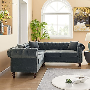 Merax L-Shaped 80" Deep Sofa Couch, Luxury Classic Chesterfield L-Shaped Velvet Sofa, Button Tufted Upholstered Sectional Corner Sofa with 3 Pillows and Solid Wood Gourd Legs
