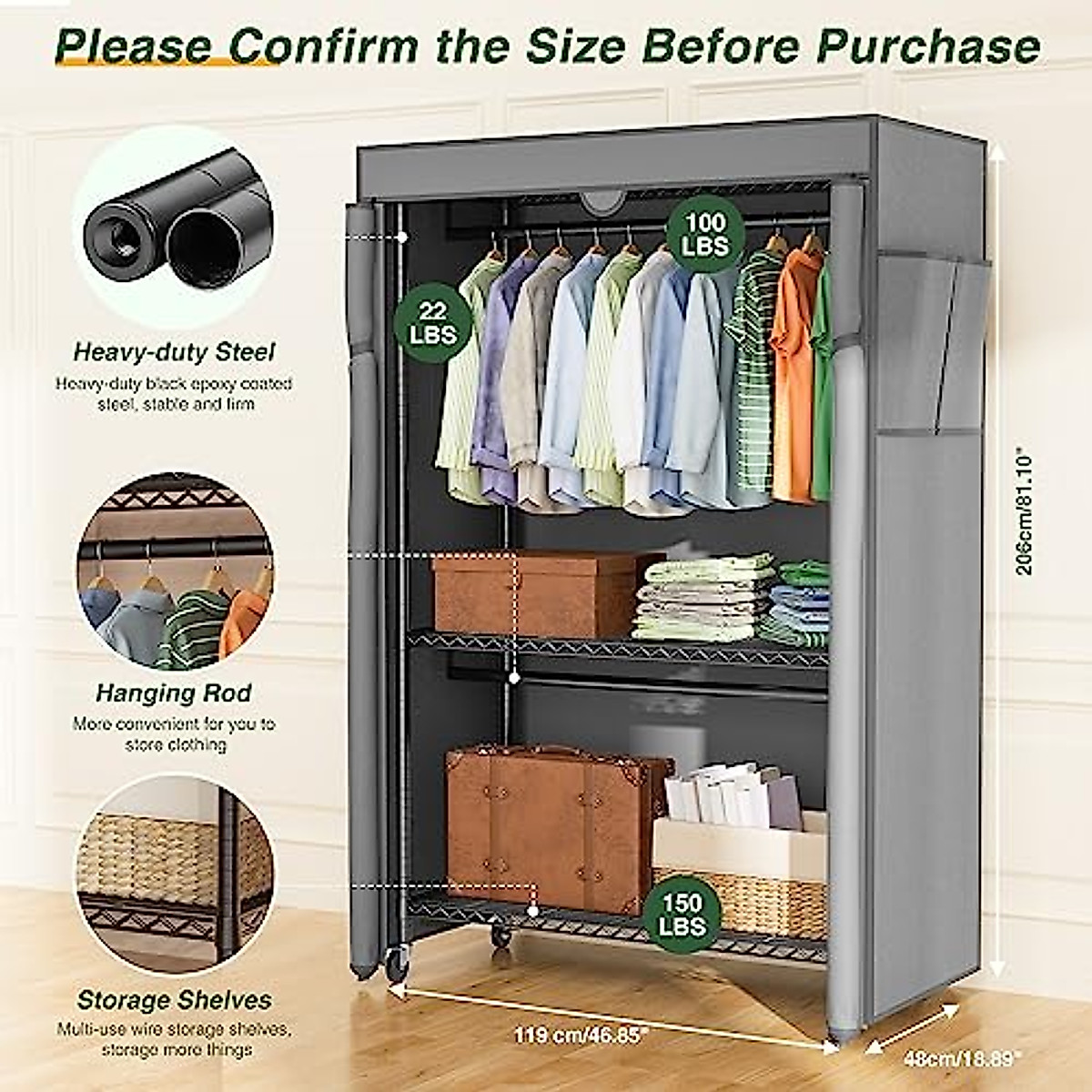 LEHOM G1C Heavy Duty Clothes Rack with Cover, Rolling Garment Rack for Hanging Clothes, Portable Closets with Oxford Fabric Cover, Freestanding Clothing Rack on Wheels, Storage Wardrobe for Bedroom