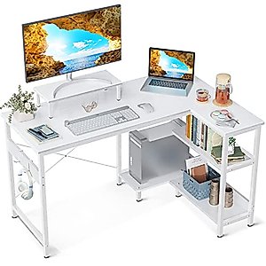 ODK L Shaped Computer Desk with Reversible Storage Shelves, 40 Inch Corner Desk with Monitor Stand for Small Space, Modern Simple Writing Study Table for Home Office Workstation, White
