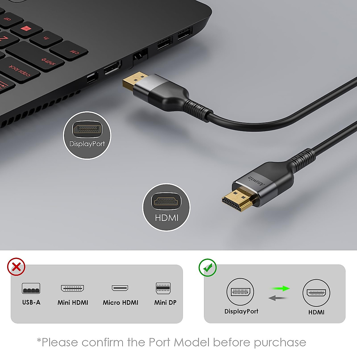 Answin DisplayPort to HDMI, 8K@30Hz DisplayPort to HDMI Cable(4K@60Hz, 2K@165Hz/144Hz) UniDirectional DP to HDMI Cable Compatible for PC, HP, DELL, GPU, AMD, NVIDIA and More-6ft