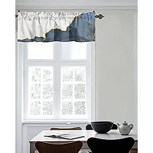 WARM TOUR Curtain Valance for Windows Ink Blue White Marble Gradient Kitchen Valances Rod Pocket Short Curtains,Gold Edge Abstract Art Window Treatment Panel for Living Room Bathroom Bedroom 60x18in