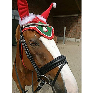 Lift Sports Horse Christmas Santa Claus Saddle PAD Set with Matching Fly Bonnet Ear NET Cotton Hand Made Crochet Fly Veil Hood MASK Equestrian Shows Breathable Cotton (Full/Horse)