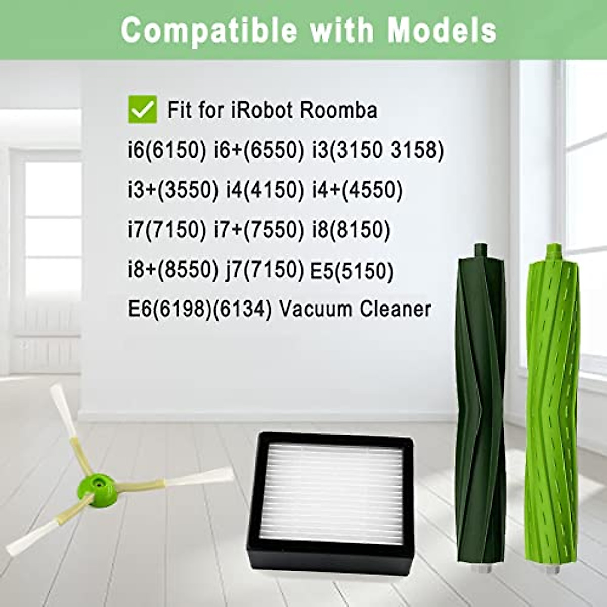 Replacement Parts accessories compatible with irobot Roomba i3 i3+ i4 i6 i6+ i7 i7+ i8 i8+/Plus E5 E6 E7 I,E &J Series Vacuum Cleaner, 1 set of rubber brushes and 4 filters and 4 side brushes