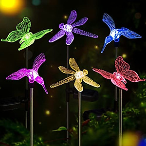 OxyLED Solar Garden Lights Outdoor - 6 Pack Figurine Stake Light, Color Changing Decorative Landscape Light LED Solar Powered Hummingbird Butterfly Dragonfly for Patio Yard Pathway Lawn Walkway