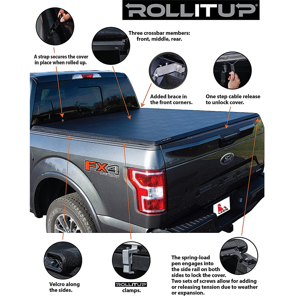 LEER ROLLITUP | Fits 2019-2023 Ford Ranger with 5’ Bed Length | Soft Roll Up Truck Bed Tonneau Cover | 4R303 | Low-Profile, Sturdy, Easy 15-Minute Install (Black)