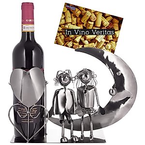BRUBAKER Bottle Holder Wine - Couple on The Moon - Lovers Sculpture Metal - Bottle Stand with Greeting Card