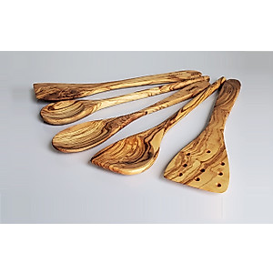 OLIVIKO Handmade Olive Wood Holder+ Utensils Kit of 5 Utensils Holder+ 2 Spatula + 3 Spoon 100% Olive Wood
