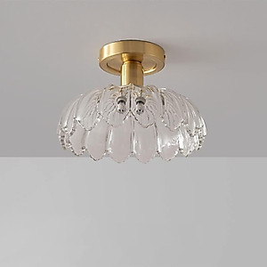 LONGDU Nordic Style Gold Ceiling Lamp,Semi Flush Mount Ceiling Light Fixture, Flower Glass Shade Ceiling Lights,for Bedroom Office Stairs Hotel Living Room Kitchen Hallway
