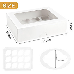 Kucoele 12 Count Cupcake Boxes, 2 Pack White Cupcake Containers with Windows and Inserts, Disposable Cupcake Carriers for Muffins, Treats, Pastries, 13 x 10 x 4 Inches