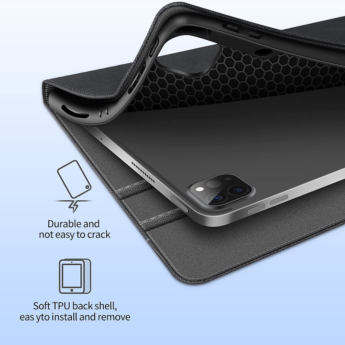 DTH-PANDA iPad Pro 12.9 Case for 6th/5th/4th/3rd Generation Case 2022 2021 2020 2018 PU Leather with Pen Holder, Folio Stand with Soft TPU Back,Auto Sleep/Wake Function (Ash Brown) (Crow Black)