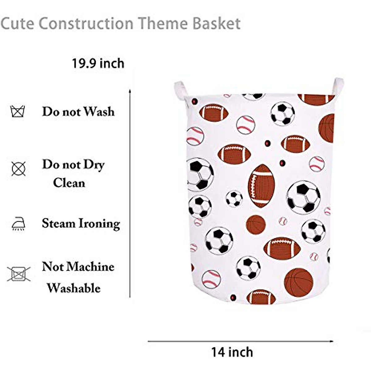 Runtoo 19.7" Large Sized Laundry Hamper Waterproof Foldable Canvas Sports Basketball Football Bucket Clothing Basket with Handles for Storage Bins Kids Room Home Organizer Nursery (sport theme)