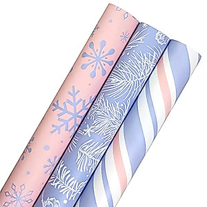 LDGOOAEL Mini Short Small Christmas Wrapping Paper Roll with Cut Lines on Reverse (17" X 120" Per Roll) - Pink Snowflakes & Purple Pine for Holiday, Birthday, Wedding, Baby Shower