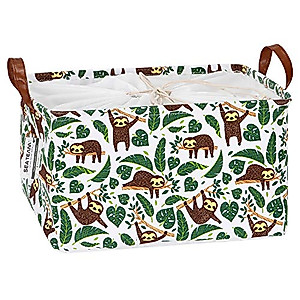 Sea Team Collapsible Canvas Fabric Storage Basket with Handles, Rectangle Nursery Storage Bin, Box, Cube, Foldable Shelf Basket, Closet Organizer, Waterproof, 16.5 x 11.8 x 9.8 Inches, Sloth