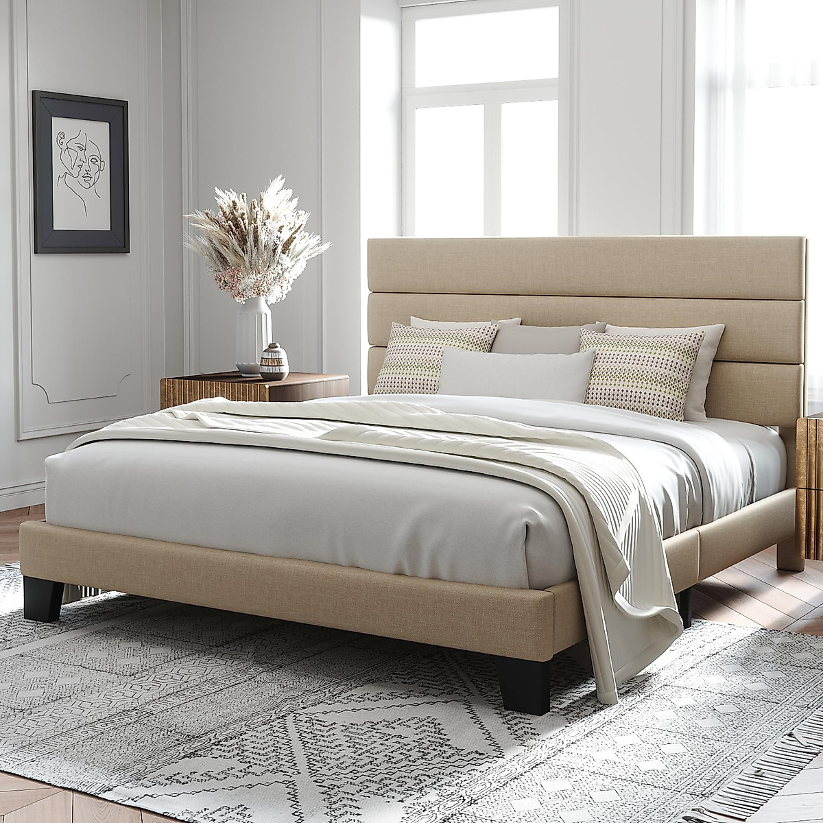 Allewie King Size Platform Bed Frame with Fabric Upholstered Headboard and Wooden Slats Support, Fully Upholstered Mattress Foundation/No Box Spring Needed/Easy Assembly, Beige