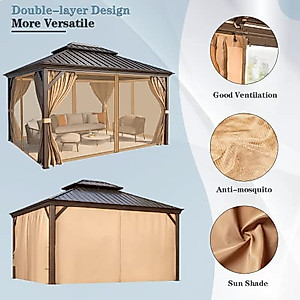 MELLCOM 12' x 14' Hardtop Gazebo, Galvanized Steel Metal Double Roof Aluminum Gazebo with Curtains and Netting, Brown Permanent Pavilion Gazebo with Aluminum Frame for Patios, Gardens, Lawns