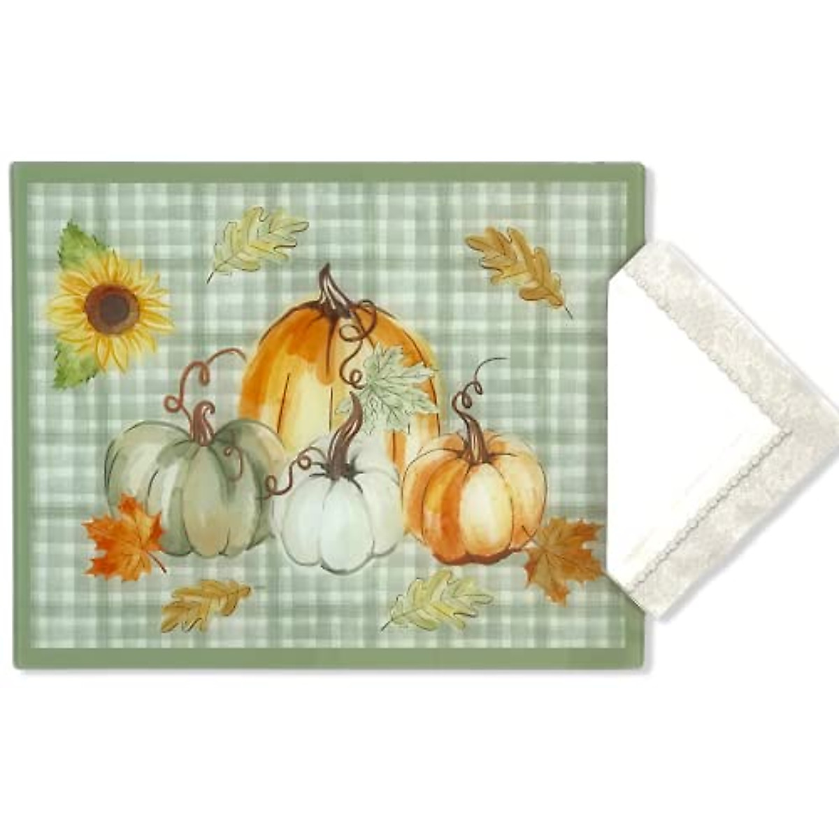 Decorative Glass Kitchen Cutting Board: Modern Farmhouse Pumpkin Gourd Design with Green Plaid Background