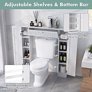 Tangkula Over The Toilet Storage Cabinet, Bathroom Space Saver w/Adjustable Shelves & Paper Holder, Freestanding above Toilet Organizer w/ 2 Side & Pull-Down Door for Bathroom Storage (White)