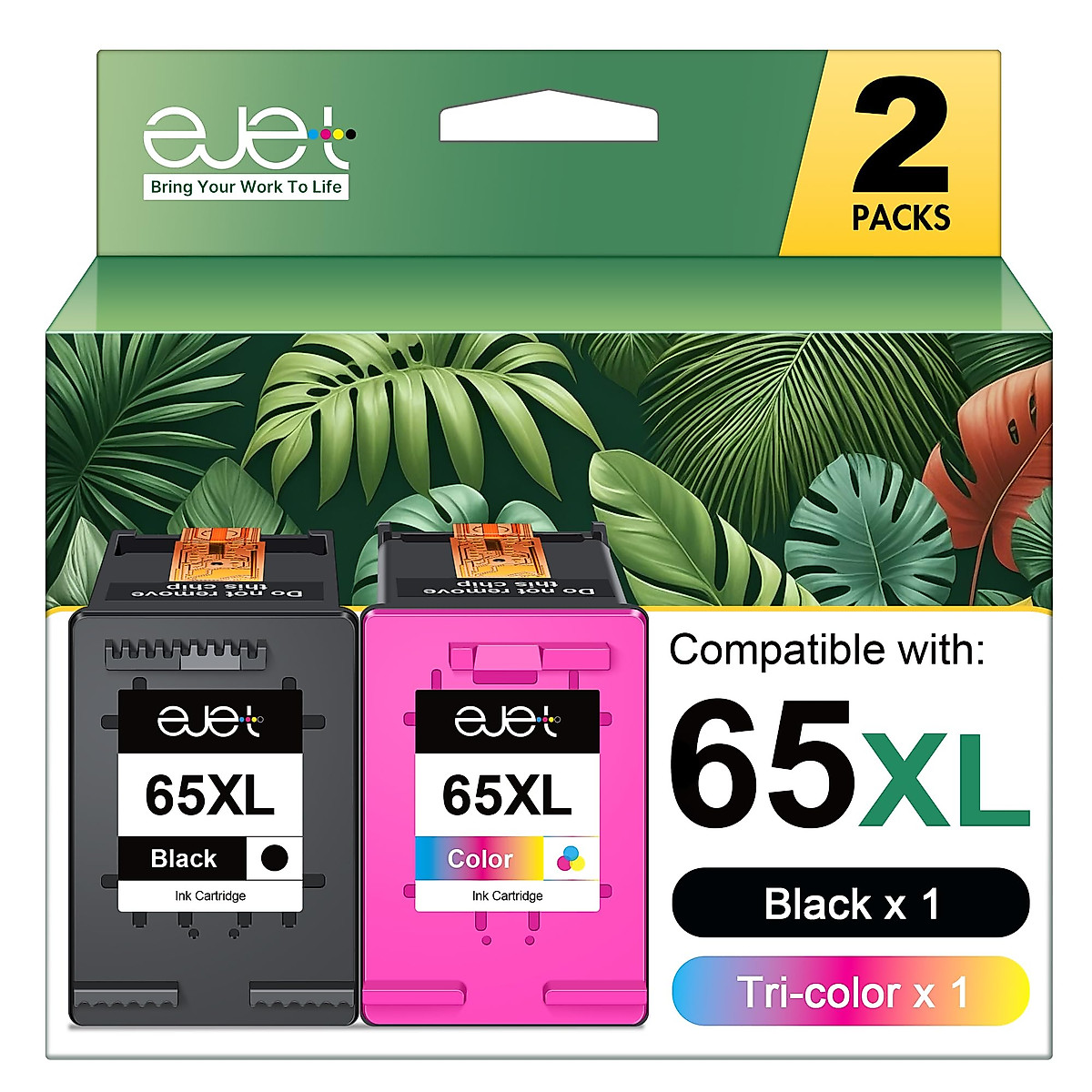 65XL Ink Cartridge Combo Pack replacemet for HP 65 Ink, 65 65XL ejet Remanufactured Ink Work with HP DeskJet 3772 3755 3700 3722 3752 2655 2622 2652; Envy 5055 5052 5058 Printer (1 Black, 1 Tri-Color)