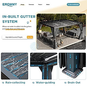 EROMMY 10' x 12' Outdoor Louvered Pergola, Patio Hardtop Gazebo, Sun Shade Shelter, Adjustable Metal Roof Hardtop Gazebo for Deck Patio Garden Yard, Curtains and Netting Included, Black