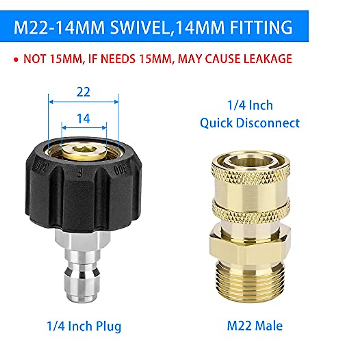 Pressure Washer Adapter Set, 2 Pair M22 Pressure Washer Quick Connect, M22 (M22-14MM) to 1/4'' Quick Connect Couplers, Hose Adapter for Power Washer Hose, 5000 PSI