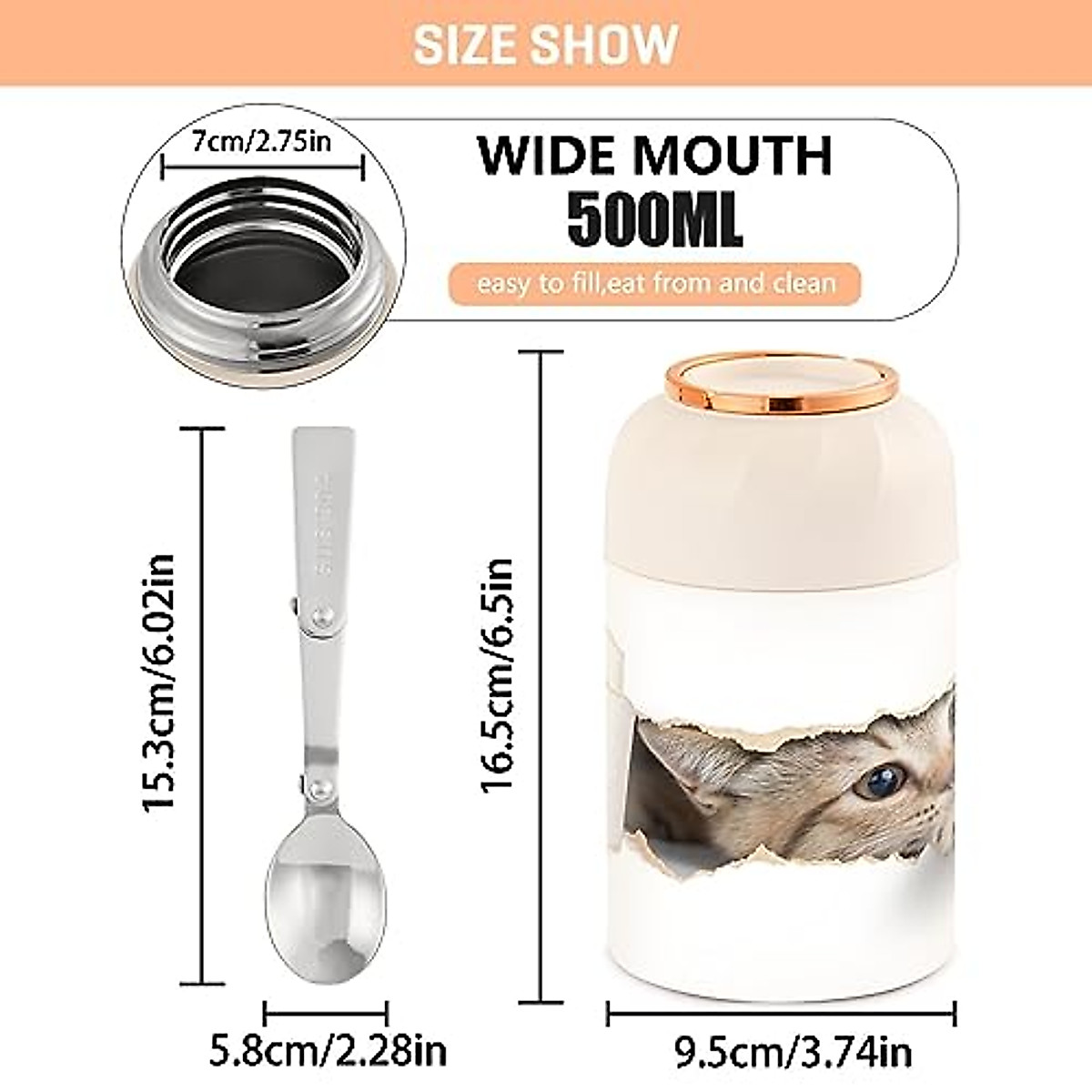 CUPADA Cat Torn Paper Food Jar, Funny 3d Insulated Hot Food Jars Vacuum 17OZ with Folding Spoon for Work Trip Picnic Camping
