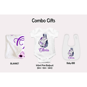Personalized Cute Purple Elephant Animal Floral Baby Name Blanket Throw Fleece Swaddle Shower Super Soft Blanket Newborn Gifts for Baby Girl Daughter New Kid Bed Couch Sofa Decor