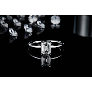 TwoBirch 1 Carat Moissanite Emerald Solitaire in Platinum Plated Sterling Silver (CERTIFIED) (Size 8)