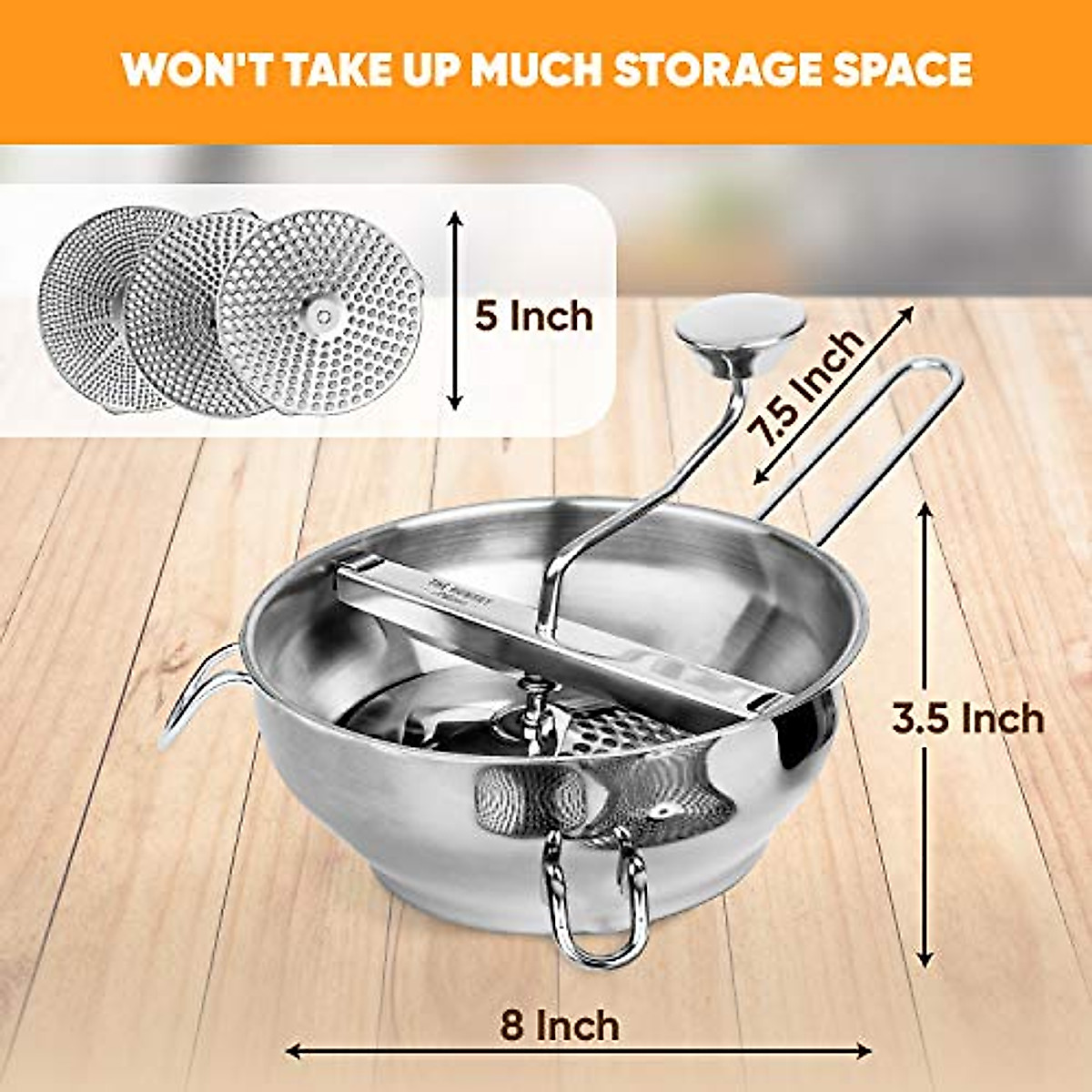 Ergonomic Food Mill Stainless Steel With 3 Grinding Milling Discs, Milling Handle & Stainless Steel Bowl - Rotary Food Mill for Tomato Sauce, Applesauce, Puree, Mashed Potatoes, Jams, Baby Food