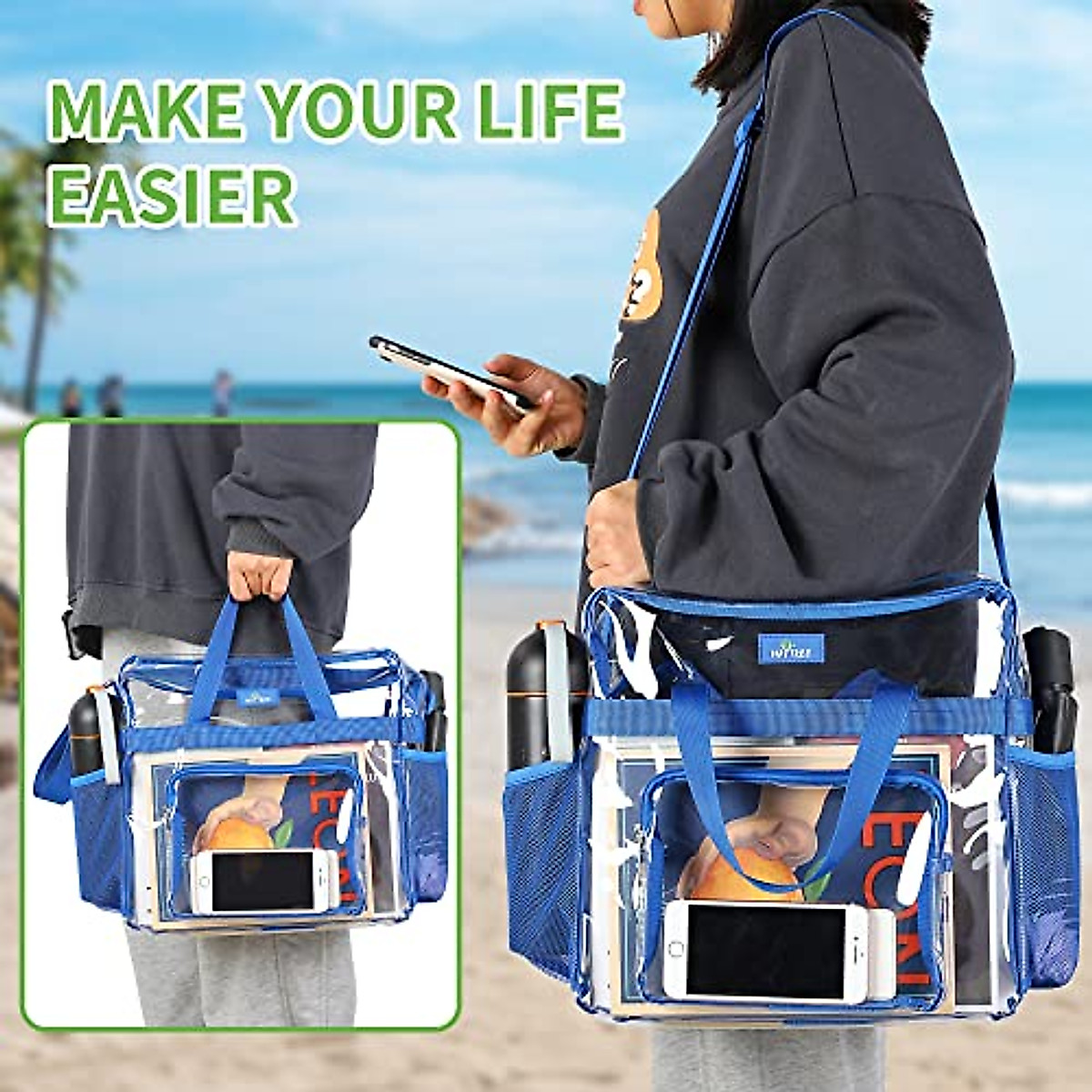 MAY TREE Clear Bag Stadium Approved 12×6×12, Clear Stadium Bag for Women and Men, Clear Lunch Bag for Work Travel Sport Office, Clear Tote Bag Stadium Approved with Non-Removable Straps - Blue