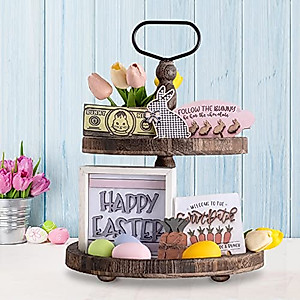 Mustry Rustic Wooden 2 Tiered Tray, Round Farmhouse Kitchen Table Decor Serving Tier Tray, Food Fruits Cupcake Display Coffee Bar Home Party Seasonal Decorations (Brown)