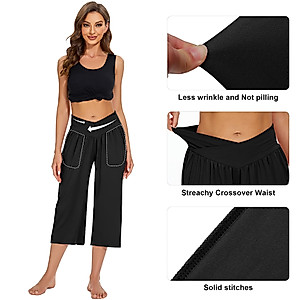 FAYLR Womens Wide Leg Capri Yoga Lounge Summer Loose Pullover Crossover High Waist Capri Pants with Pockets Black Large