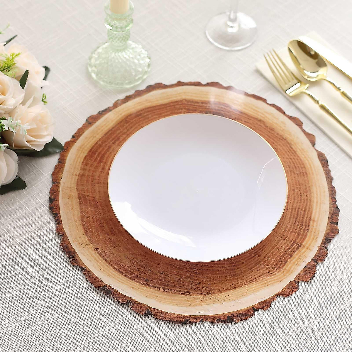 Efavormart 6 Pack | 13" Rustic Natural Wood Slice Design Disposable Serving Trays, Round Farmhouse Paper Charger Plates