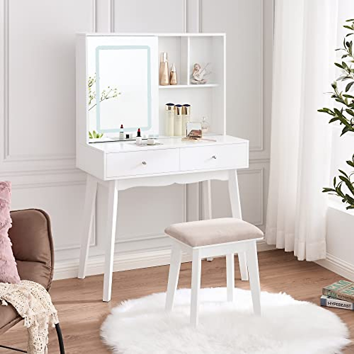 BEWISHOME Vanity Desk with Mirror and Lights, Makeup Vanity with Lights, White, Makeup Desk with 3 Color Lighting, Vanity Table with Cabinet & 2 Drawers, Dressing Table Makeup Table FST15M