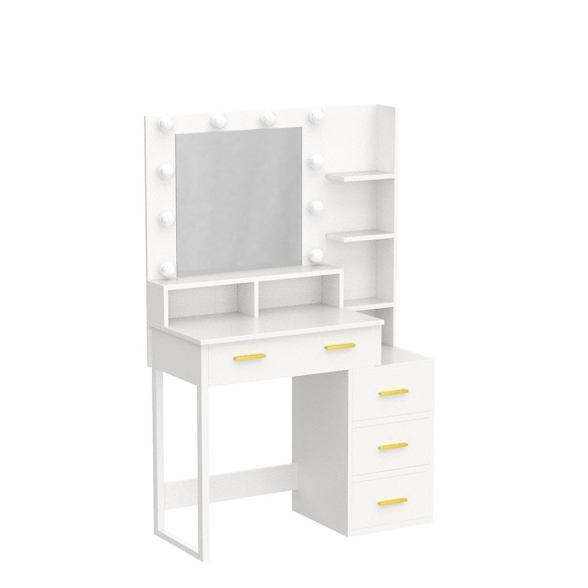 Tiptiper White Makeup Vanity with 10 Light Bulbs, Modern Vanity Desk with Mirror & 3 Lighting Modes, Vanity Table with 2 USB Ports and Outlets, Makeup Desk with Nightstand, Storage Shelves and Drawers