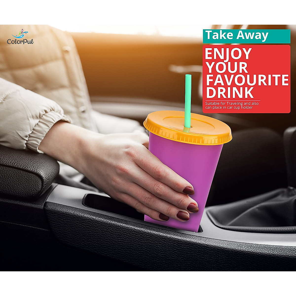 COLORPUL 24oz Plastic Tumblers - 9 Pack Color Changing Cups With Lids and Straws - Reusable Smoothie Cups for Kids