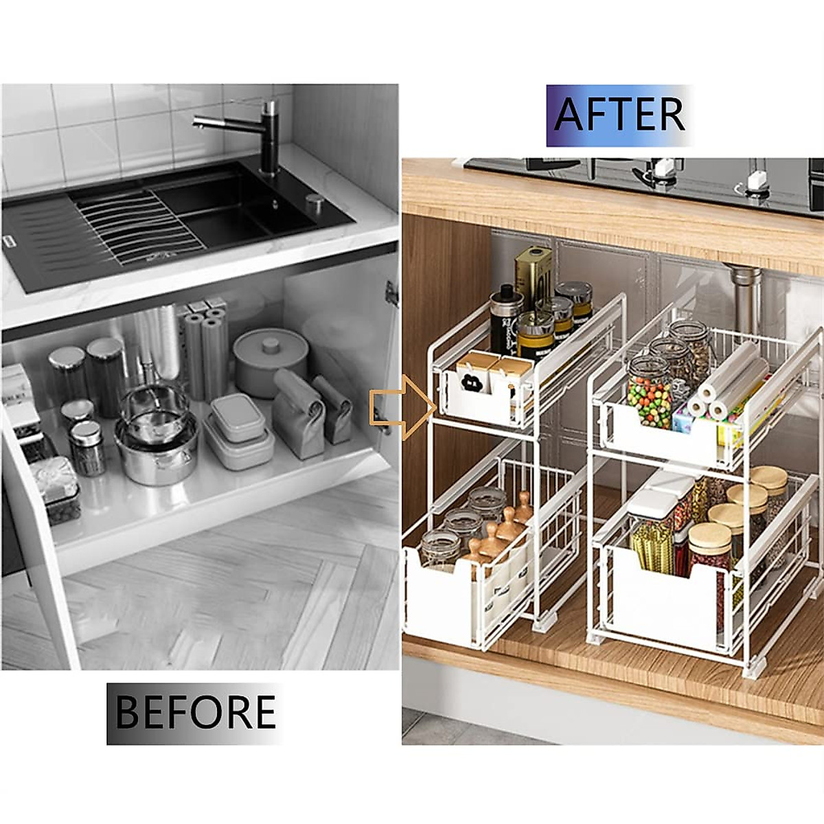 2 Pack - Simple Gear Heavy Duty 2-Tier Under Sink Cabinet Organizers with Sliding Storage Drawer, Pull Out Cabinets Organizer Shelf for Kitchen Bathroom Cabinet or Pantry (Black-2 Pack)