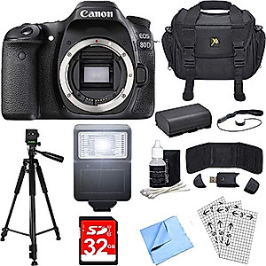 Canon 1263C004 EOS 80D 24.2 MP CMOS Digital SLR Camera Body Bundle with 32GB Memory Card, Camera Bag, Battery, Flash and 60 Inch Tripod