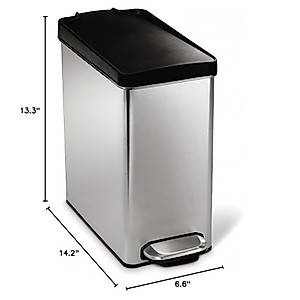 simplehuman 10 Liter / 2.6 Gallon Bathroom Slim Profile Trash Can, Brushed Stainless Steel with Plastic Lid
