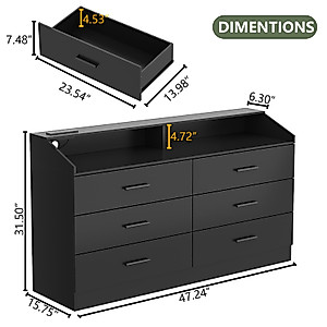 Gyfimoie 6 Drawer Dresser with Power Outlet, Chest of Drawers with LED Light, Modern Dresser with Open Storage Cubby, Double Wide Dresser Organizer for Bedroom, Living Room, Entryway, Hallway