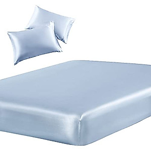 SiinvdaBZX 3-Piece Set Satin Twin Fitted Sheet & 2 Pillowcase, Baby Blue Silky Soft Fitted Bottom Sheet, Wrinkle Free, Fade Resistant, Deep Pocket Bed Sheet (Deep Up to 15")