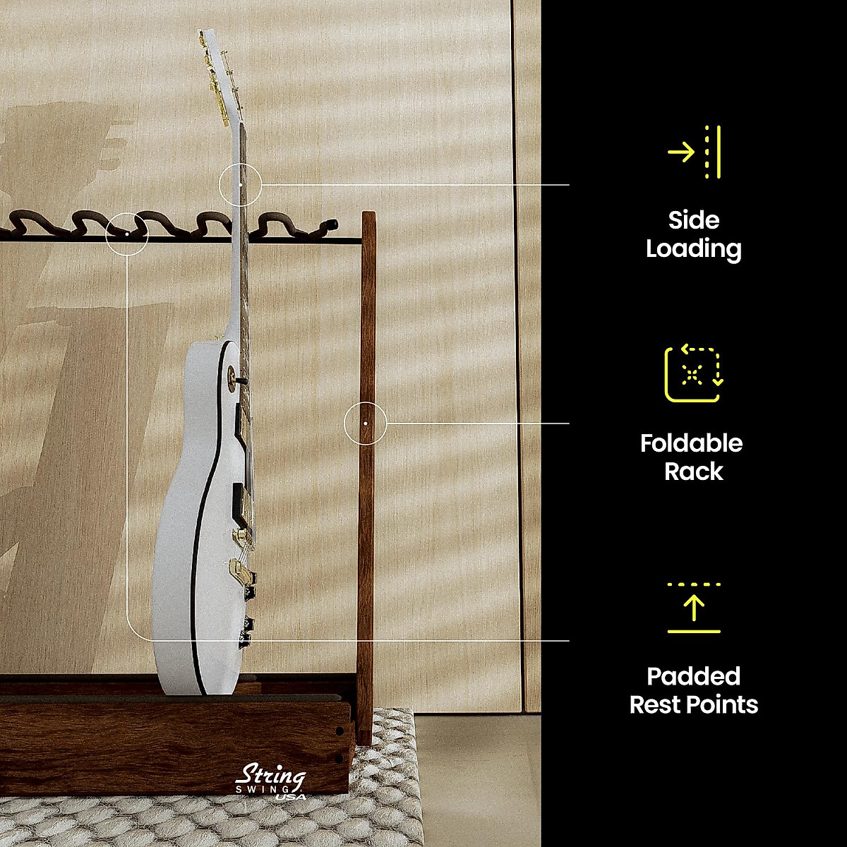 String Swing Guitar Stand, Multi Guitar Rack for Acoustic, Electric, Bass Guitars, Hand Welded Steel & Black Walnut Hardwood, Padded Guitar Holders, Guitar Stands Floor - USA Made