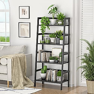 Homykic 4-Tier Black Bookshelf Ladder Shelf, Bamboo 49.2” Open Book Shelf Bookcase Ladder Shelves Freestanding Bathroom Storage Shelf Unit Plant Stand for Living Room, Bedroom, Office, Easy Assembly